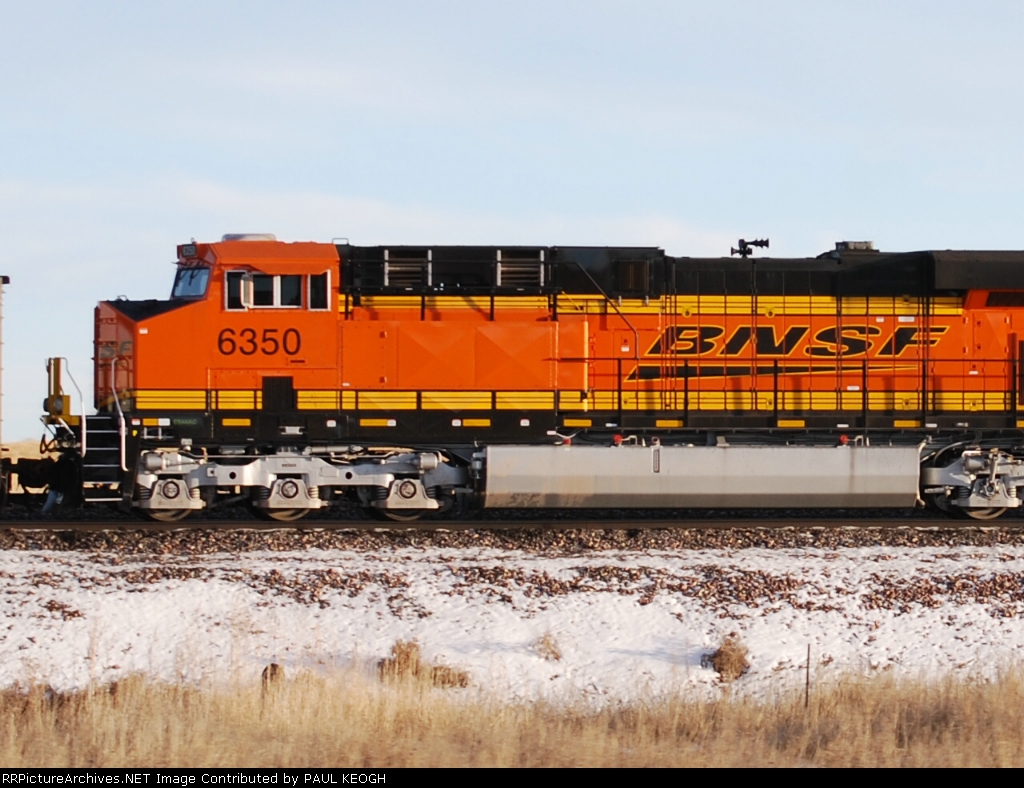 BNSF 6350 close up as she rolls north as rear DPU unit on a loaded coal train.